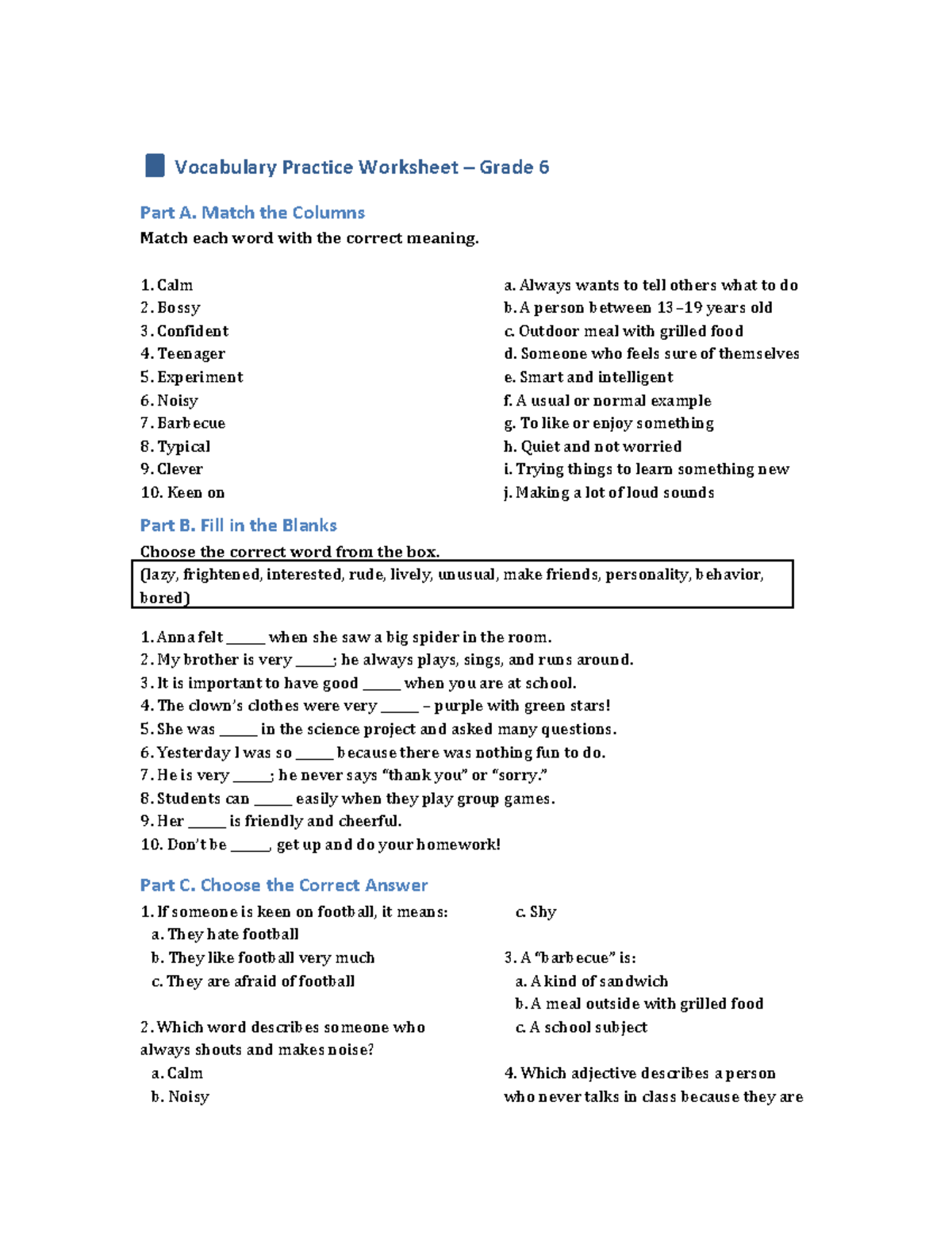 Vocabulary Practice Worksheet Grade 6: Match & Fill Exercises - Studocu