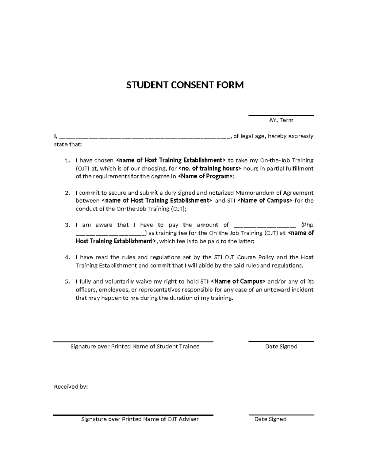 FT-CRD-138-01 Student OJT Consent Form & Training Fee Agreement - Studocu
