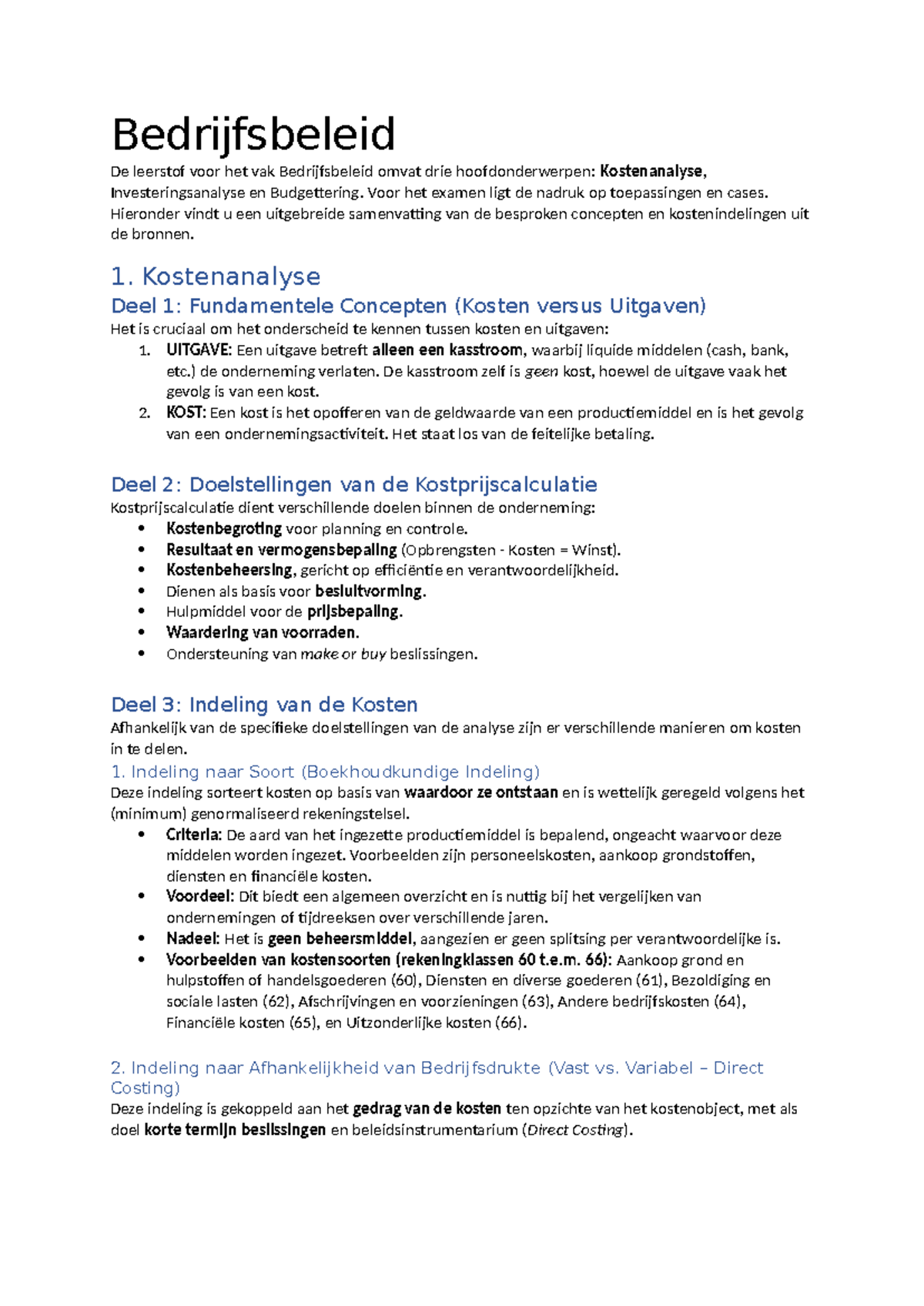 Bedrijfsbeleid Samenvatting: Kostenanalyse, Investeringsanalyse ...