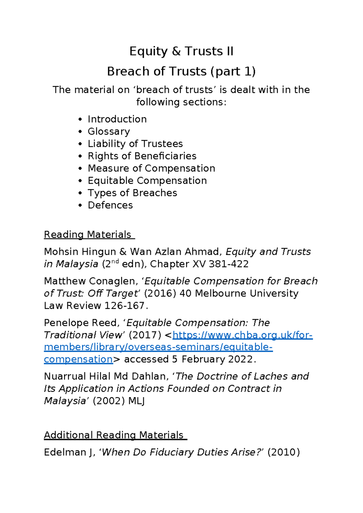 Equity Trusts II: Breach of Trusts - Part 1 Study Notes - Studocu