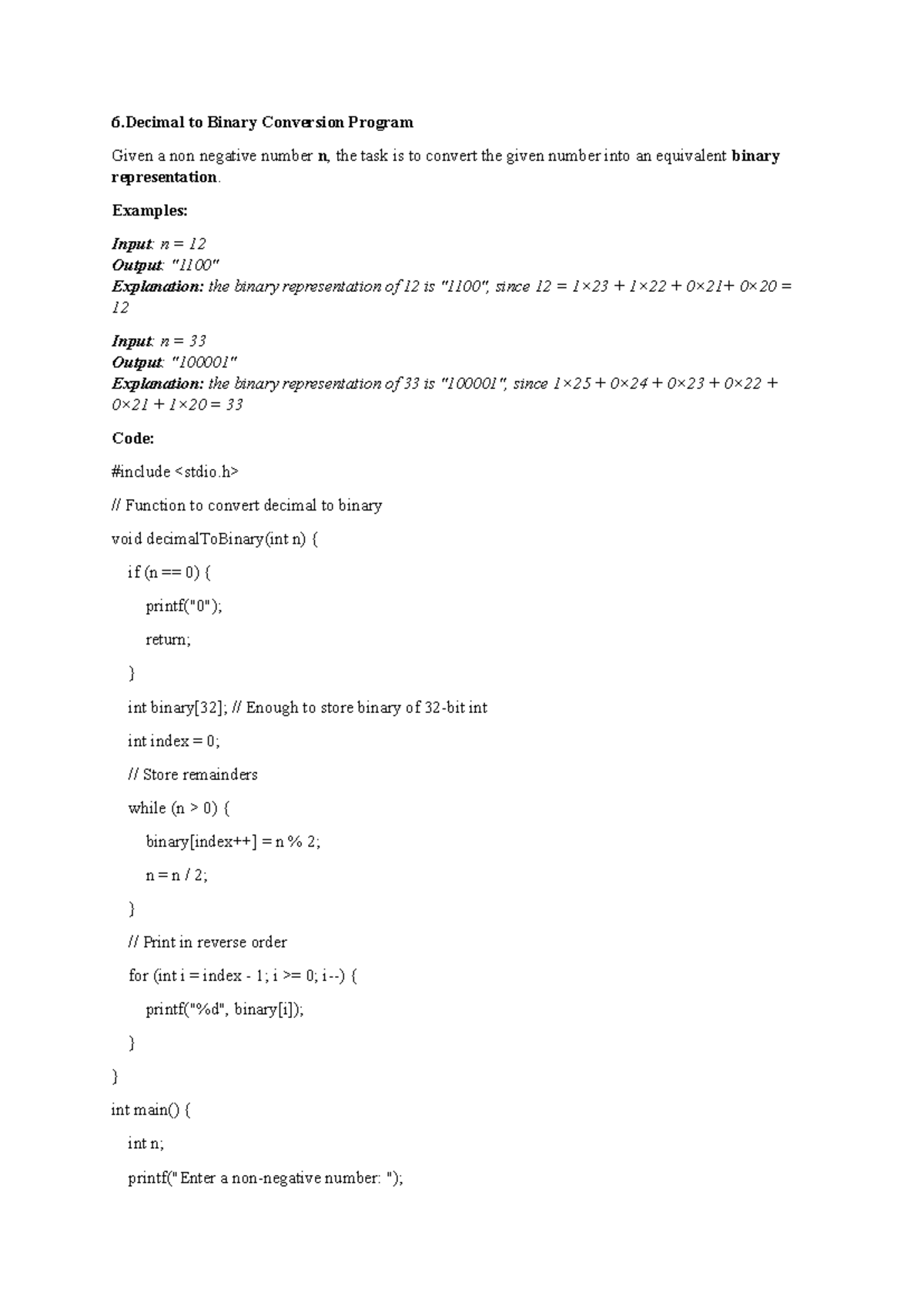 Exercise 6: Decimal to Binary Conversion Program - Studocu