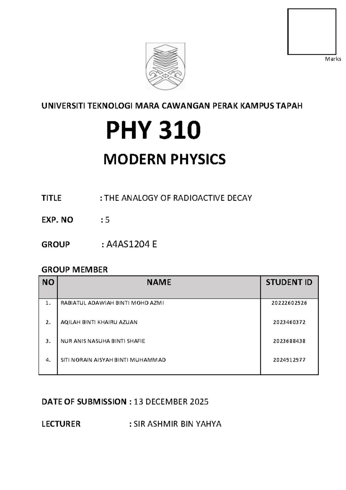PHY 310 Modern Physics: Experiment 5 - Radioactive Decay Analysis - Studocu