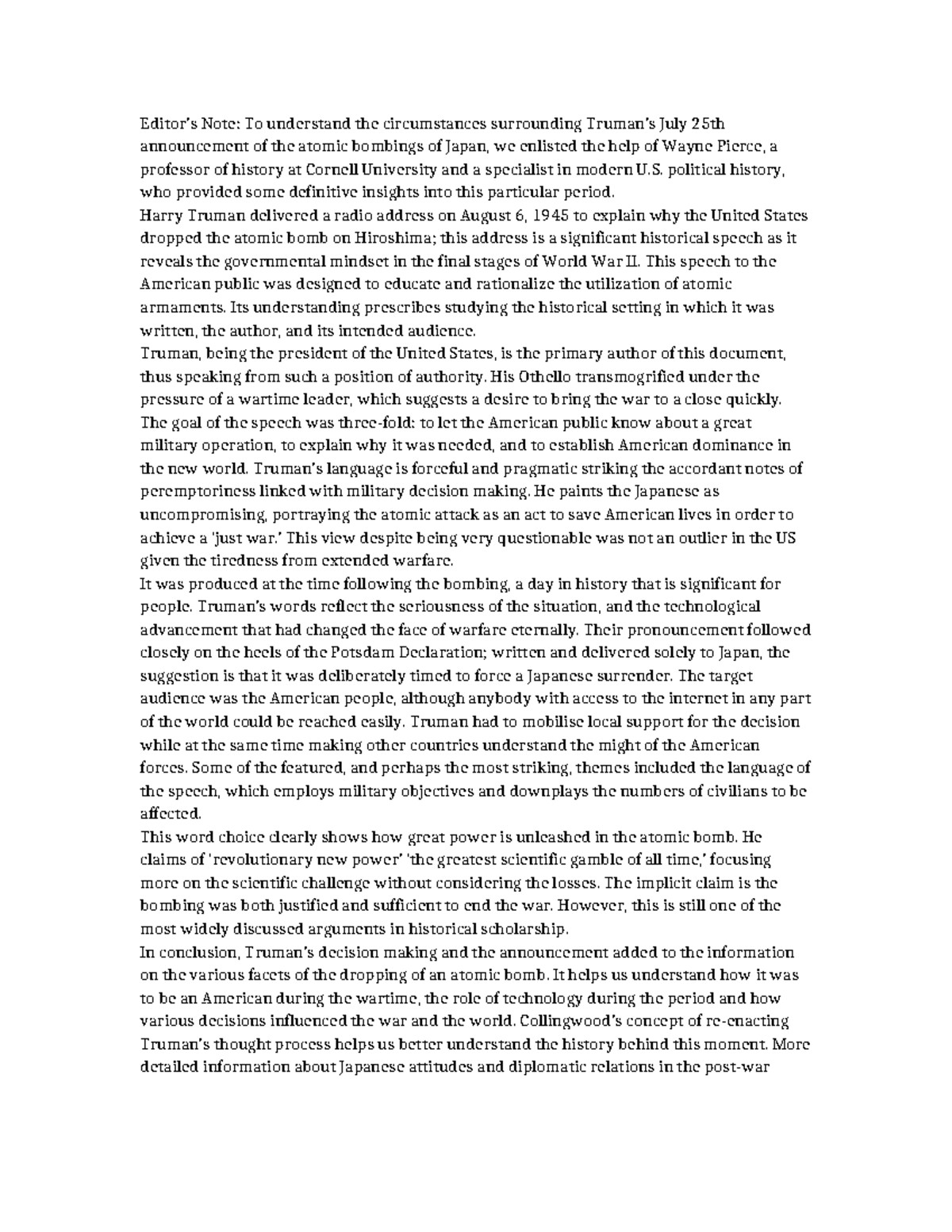 Humanized Perspectives on Truman's Atomic Bomb Speech (HUM 30 ...