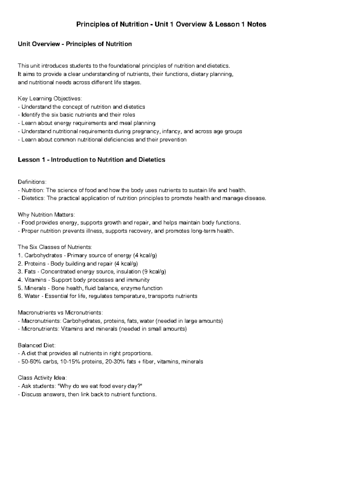 Principles of Nutrition (NUTR101) Unit 1 Lesson 1 Overview Notes - Studocu