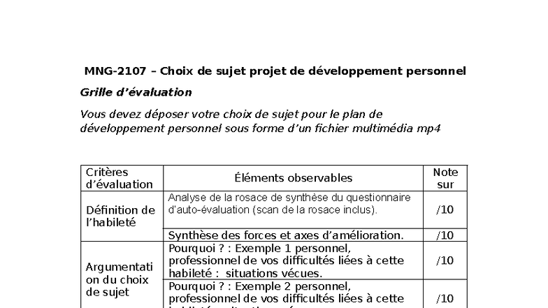 Grille d'évaluation pour le choix de sujet en développement personnel ...