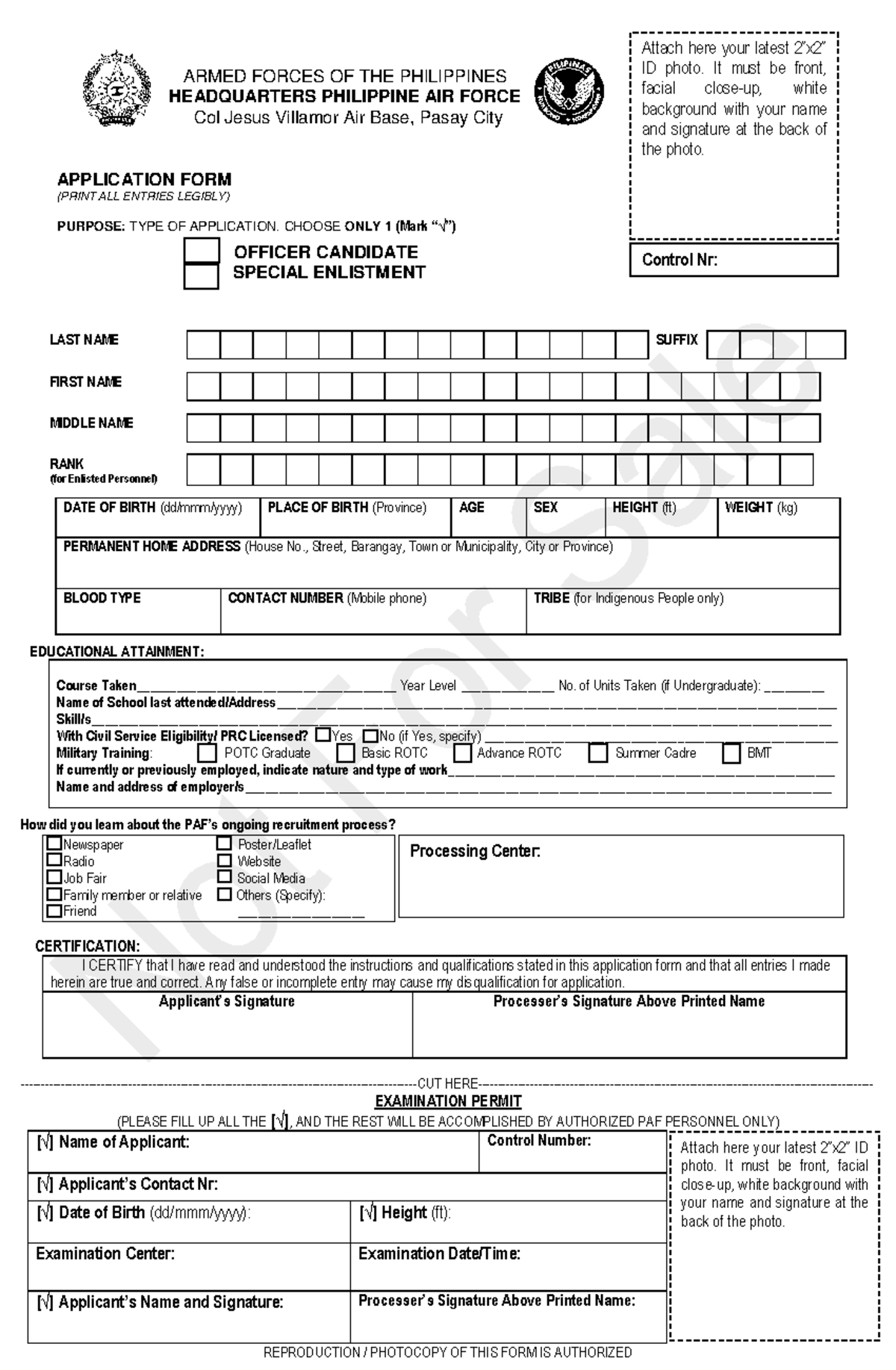 PAF - Recruitment Application Form and Examination Permit Guide - Studocu