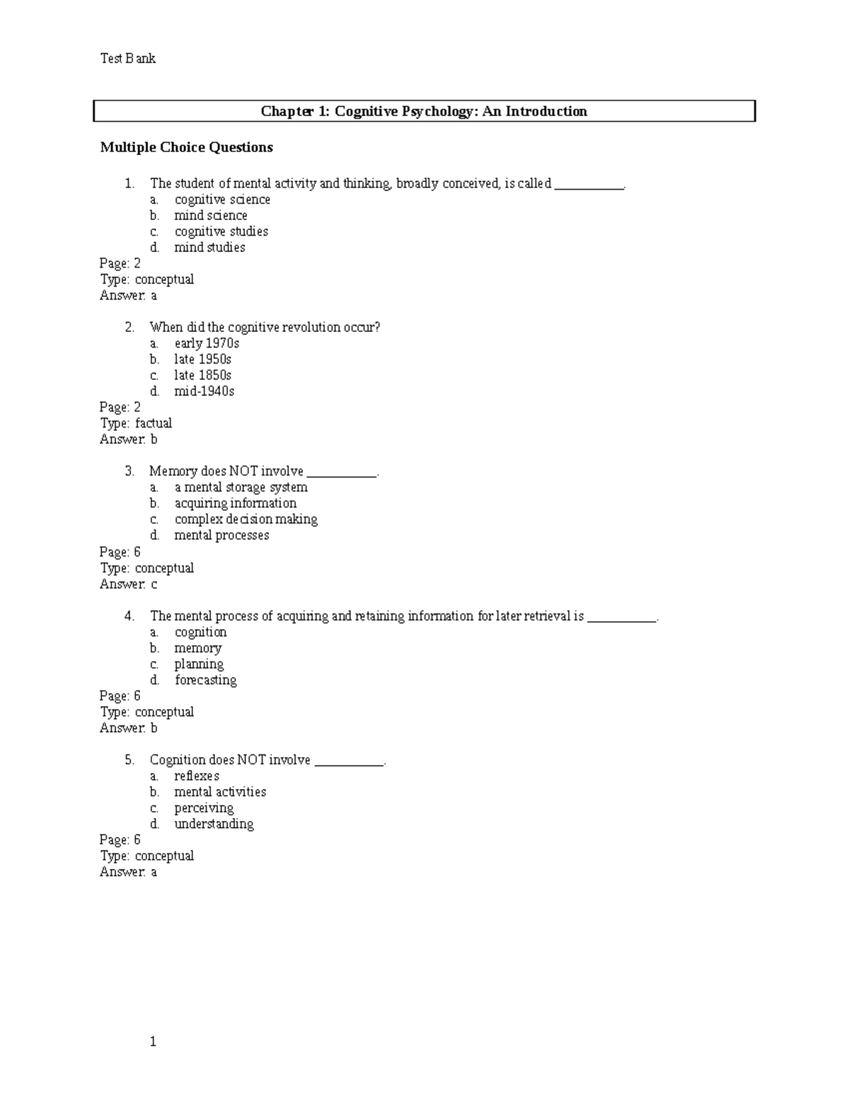 Cognitive Psychology Test Bank Q&A 2019: Key Concepts and Theories ...