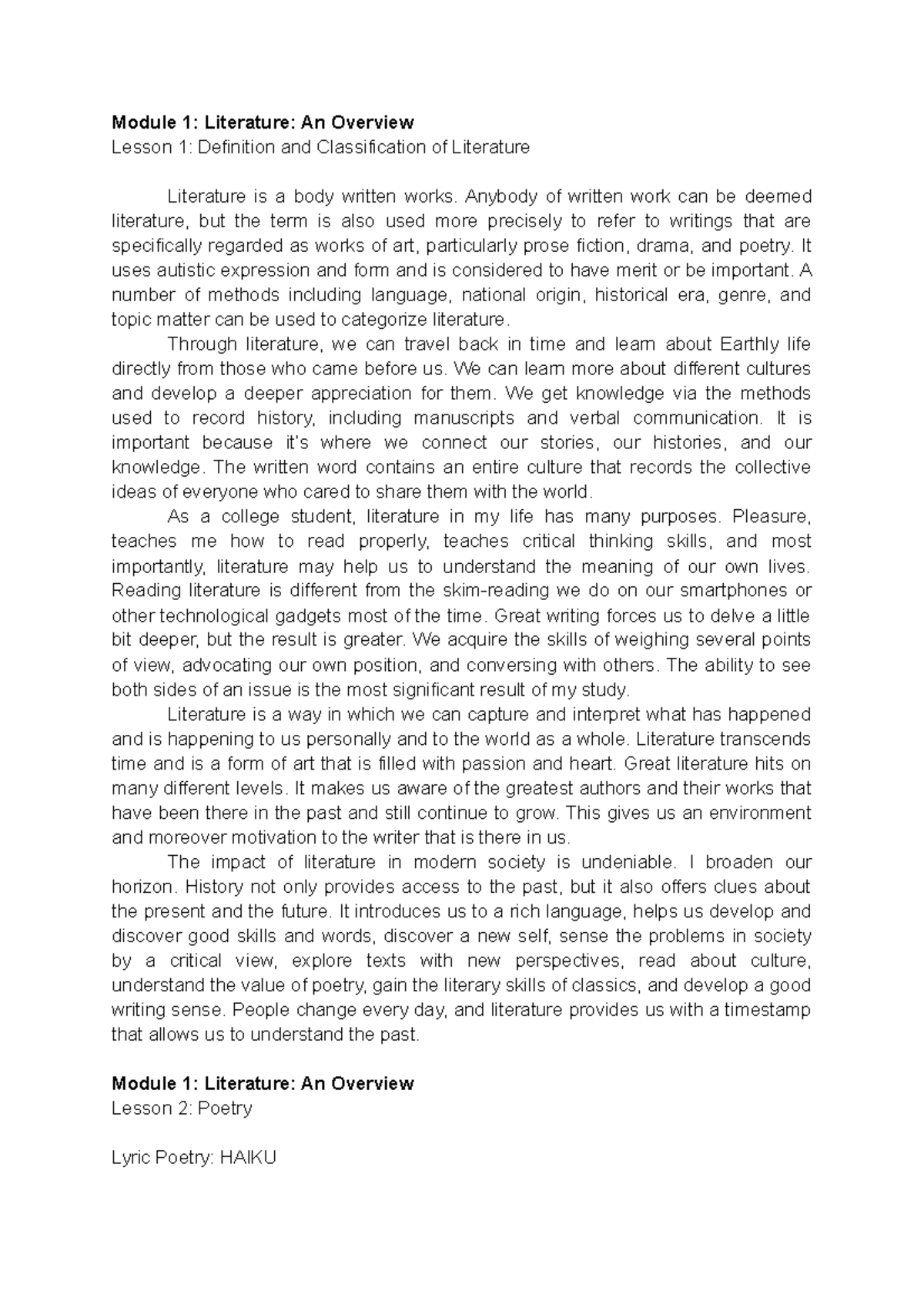 LIT 10 Prelim: Overview of Literature and Poetry Themes - Studocu
