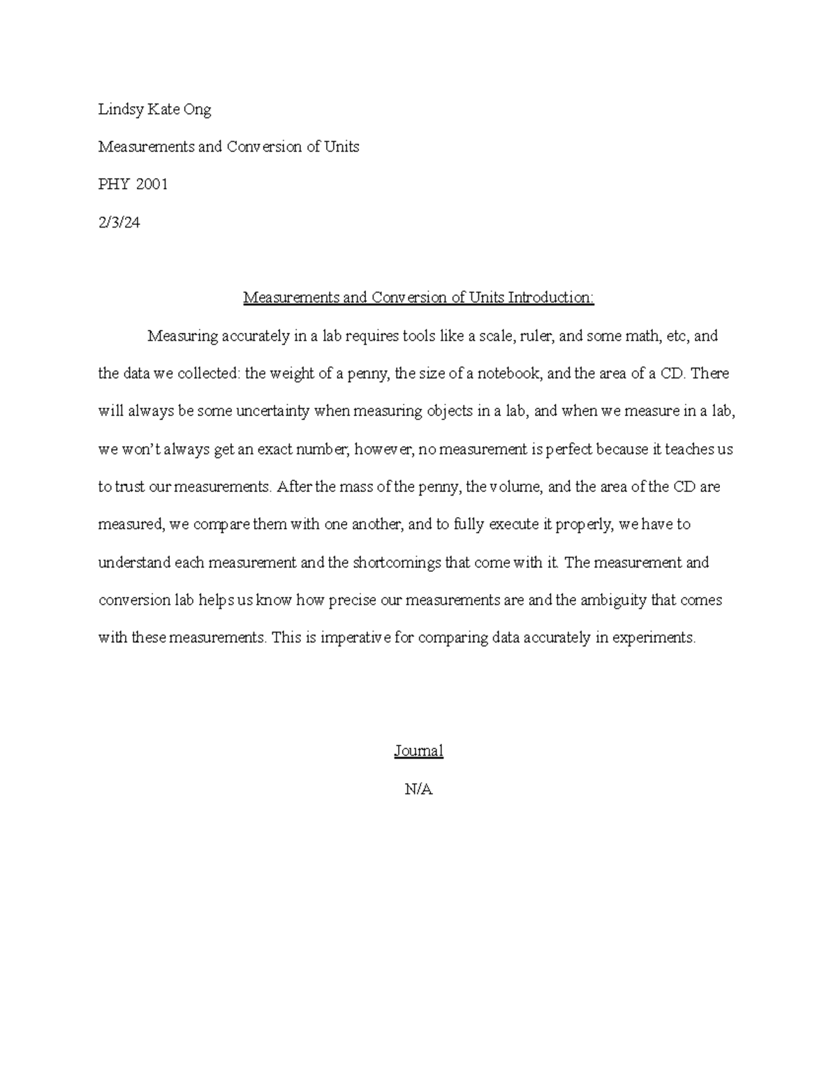 PHY 2001 Lab: Measurements & Conversion of Units with Errors Analysis ...