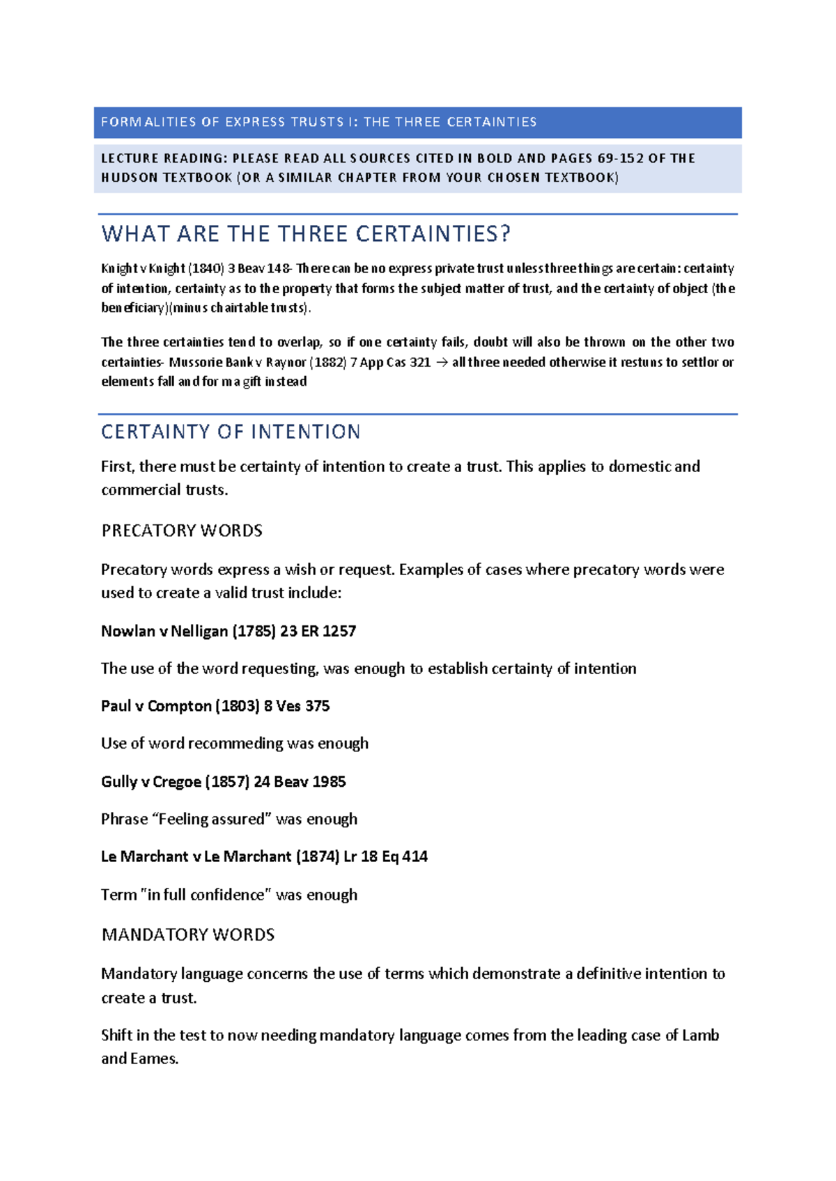 Three Certainties of Express Trusts: Law 331 Lecture Notes - Studocu