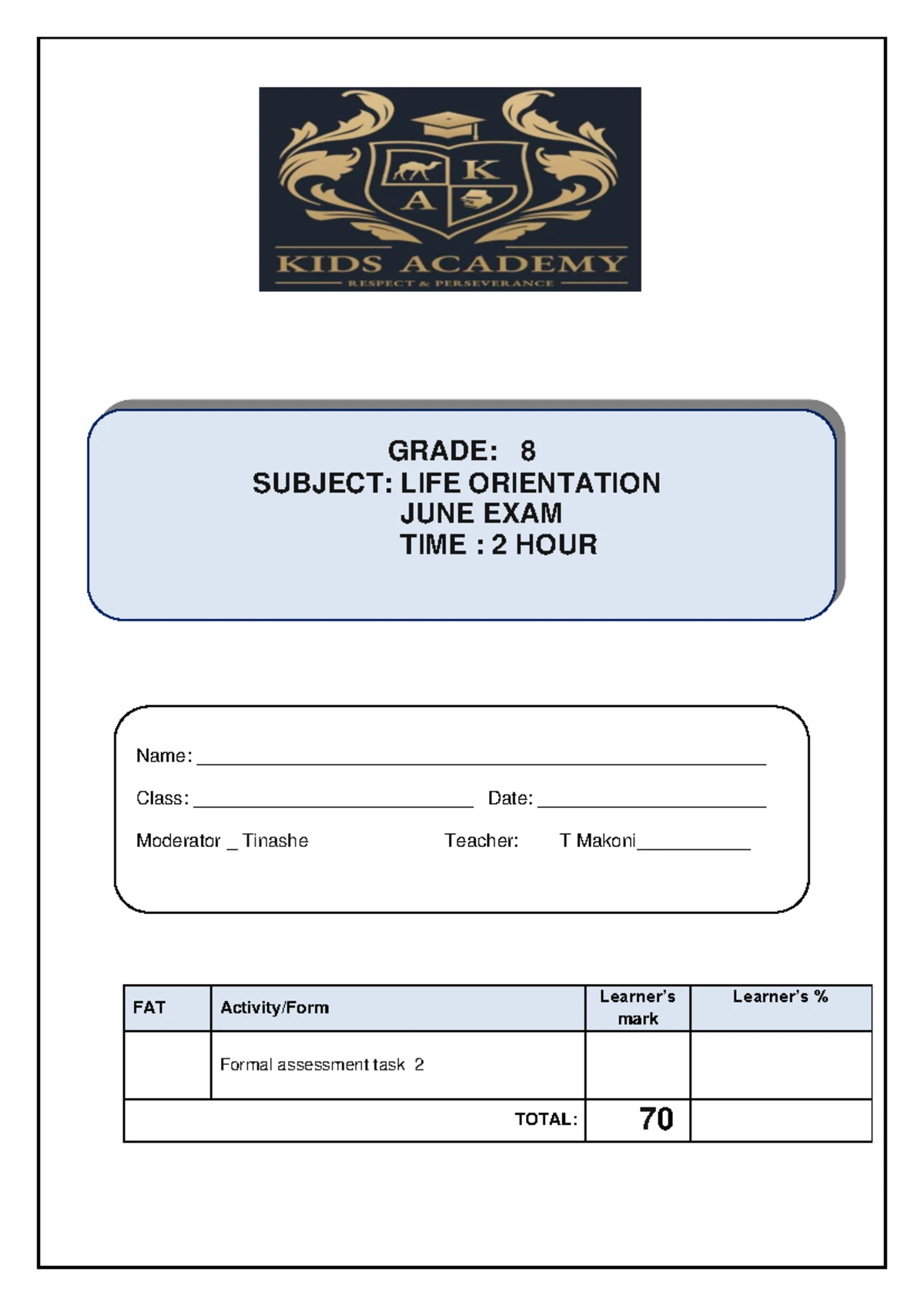 Grade 8 JUNE Exemplar Question Paper 2022 - MARKS: 70 TIME: 1 hour This ...