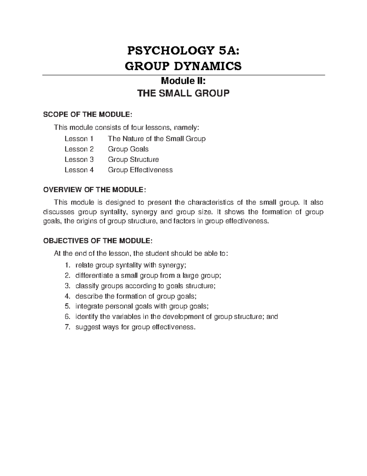 Psychology 5A: Group Dynamics - Module II Overview and Lessons - Studocu