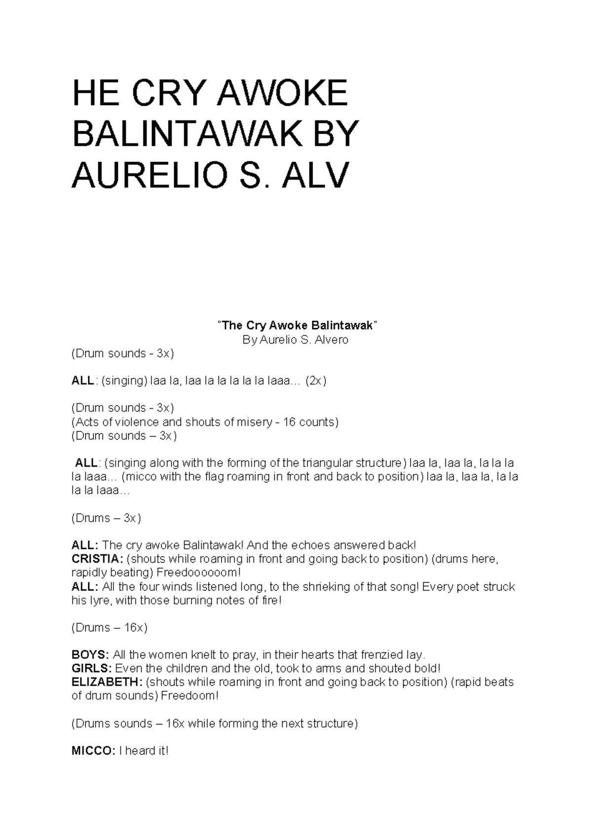 Balintawak: Verse Choir Script for Performance Analysis - Studocu