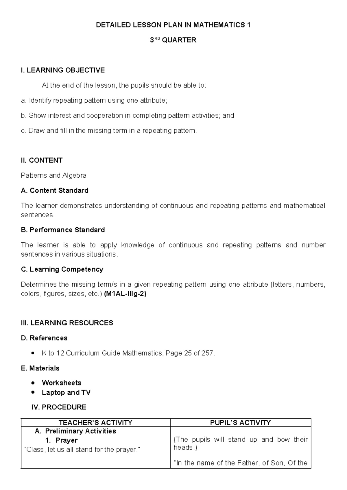 Detailed Lesson Plan in Mathematics 1: Repeating Patterns - Studocu