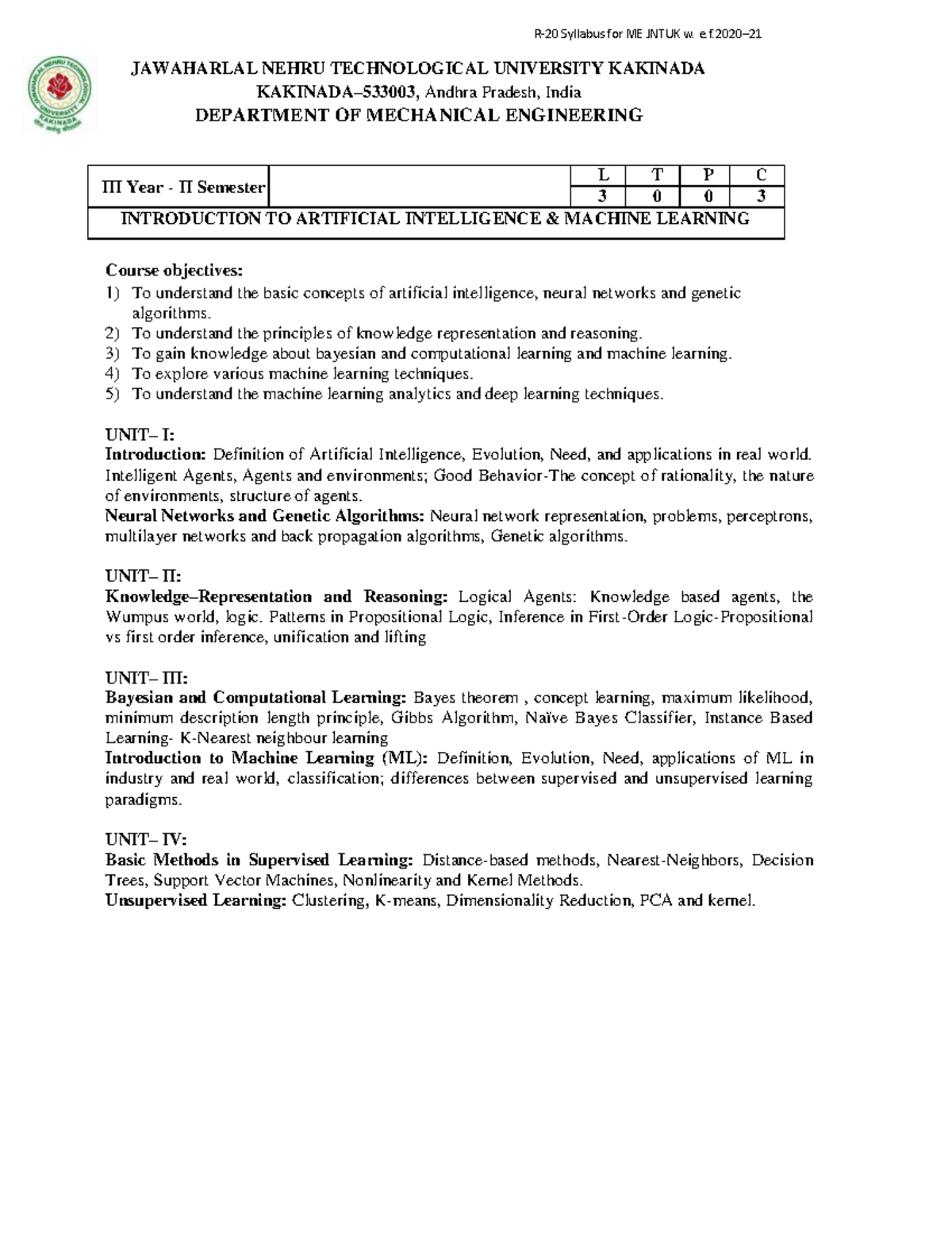 R20 Syllabus for AI & ML in Automobile Engineering (III Year II Sem) - Studocu