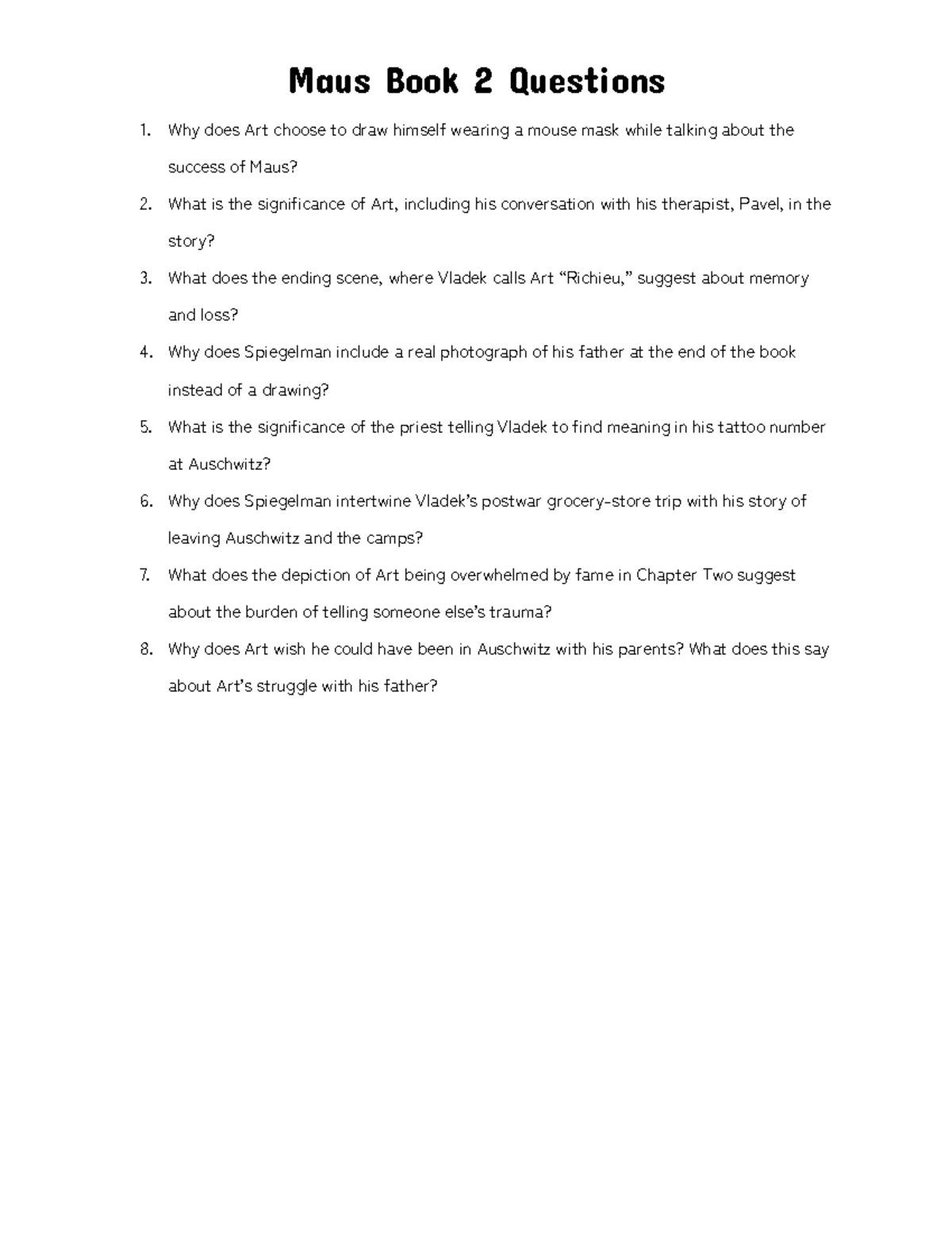 Maus Book 2: In-Depth Questions and Analysis - Studocu