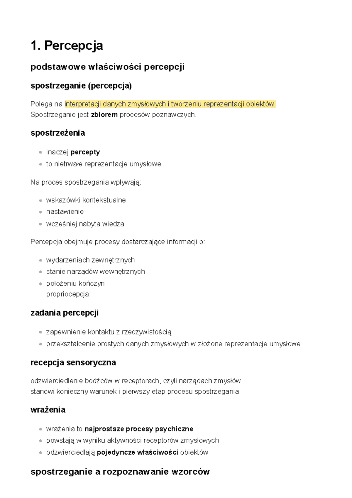 1. Percepcja – podstawowe procesy w psychologii poznawczej 2020 - Studocu