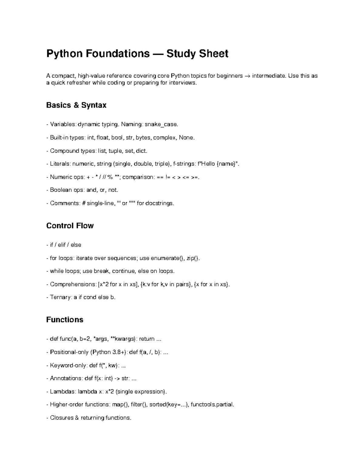 Python Foundations Study Sheet: Core Concepts & Quick Refresher - Studocu