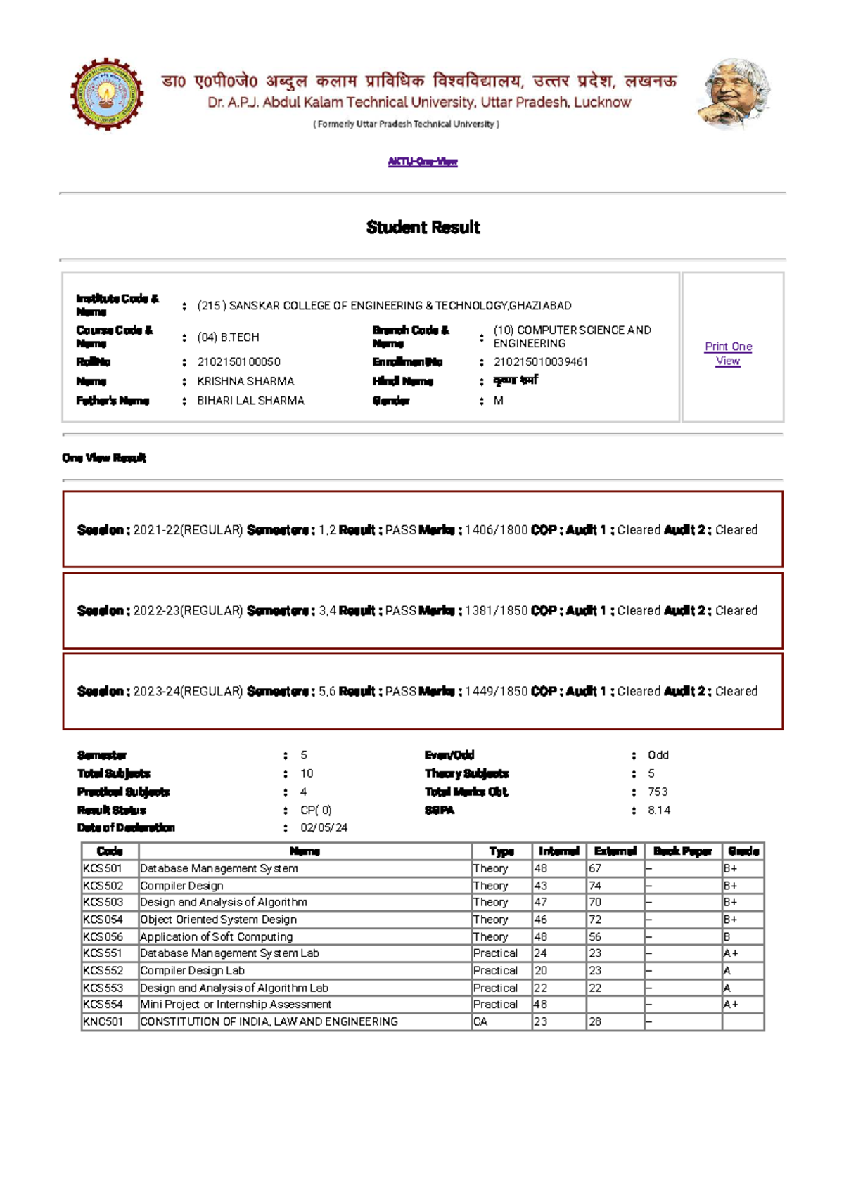 B.TECH (CSE) 6th Sem Result - Krishna Sharma (Roll No: 210215010039461) - Studocu