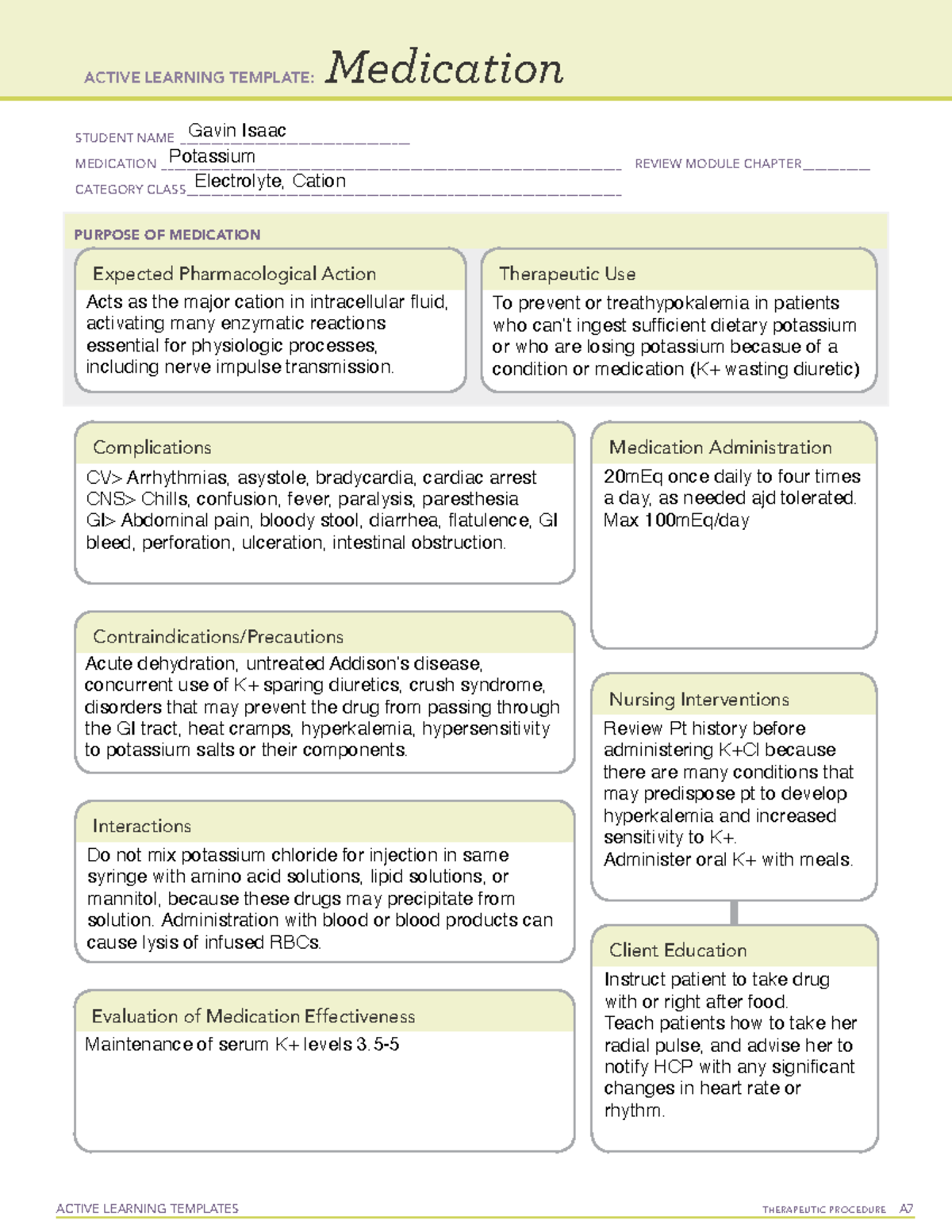 Active Learning Template: Medication Potassium - Pharmacological ...
