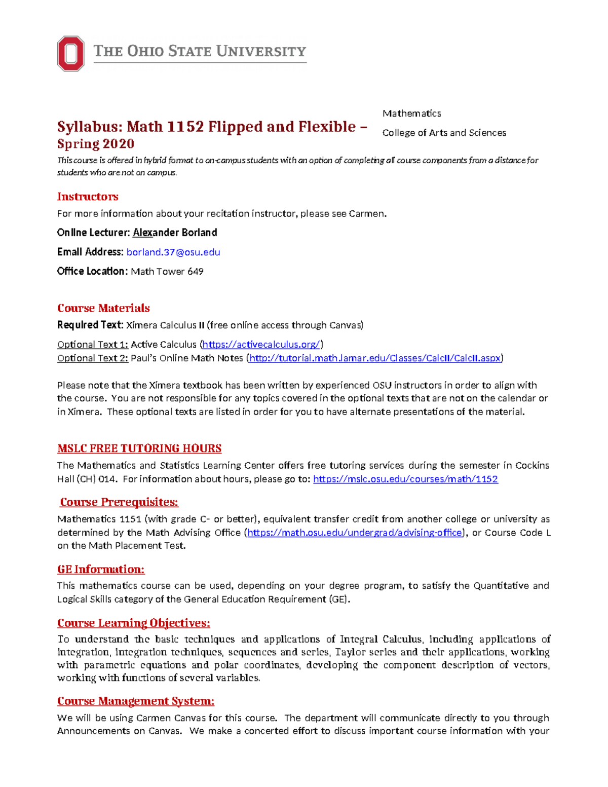 Math 1152 Flipped Syllabus - Spring 2020 Overview and Course Details ...