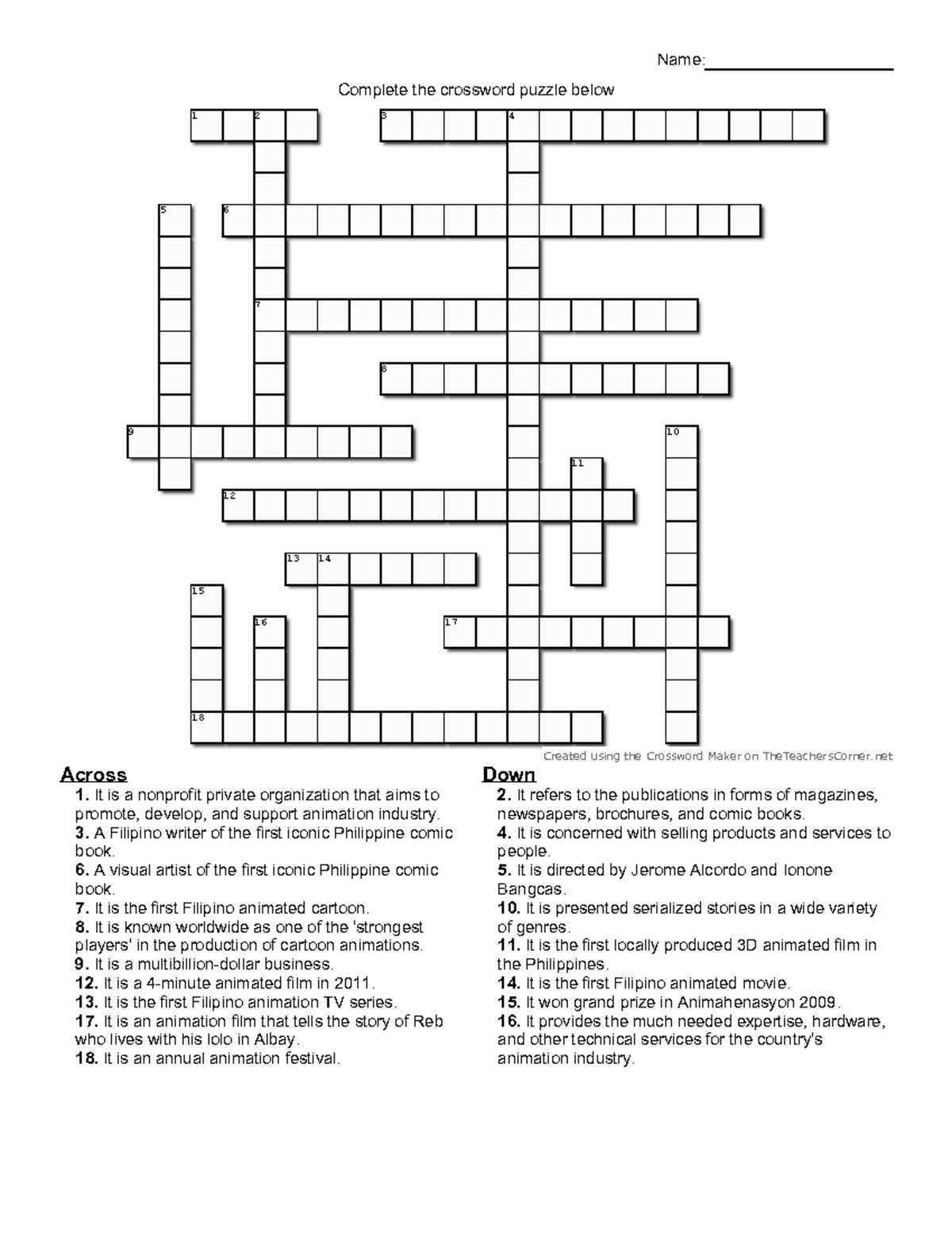 Crossword puzzle on Philippine animation and comics - Studocu