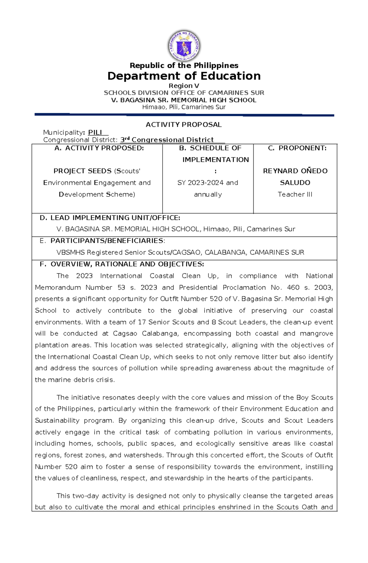 Project Seeds: 2023 Coastal Clean Up Proposal for VBSMHS - Studocu