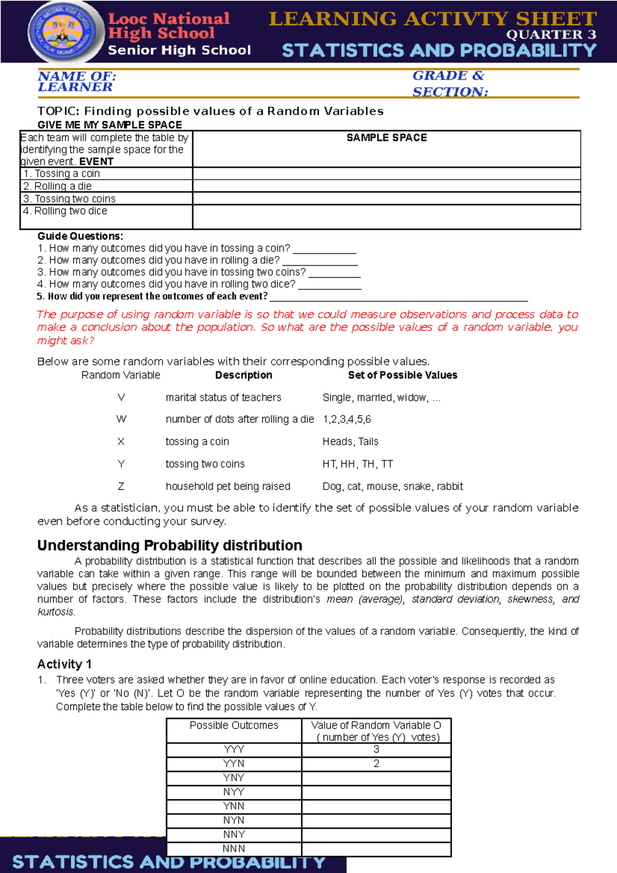 Week 2 Finding Possible Values In Random Variable Copy Topic 2189