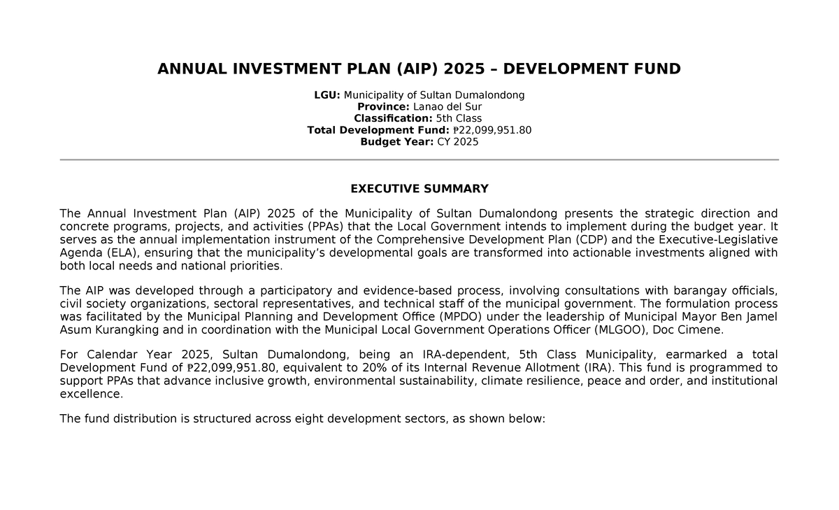Annual Investment Plan (AIP) 2025 for Sultan Dumalondong, Lanao del Sur ...