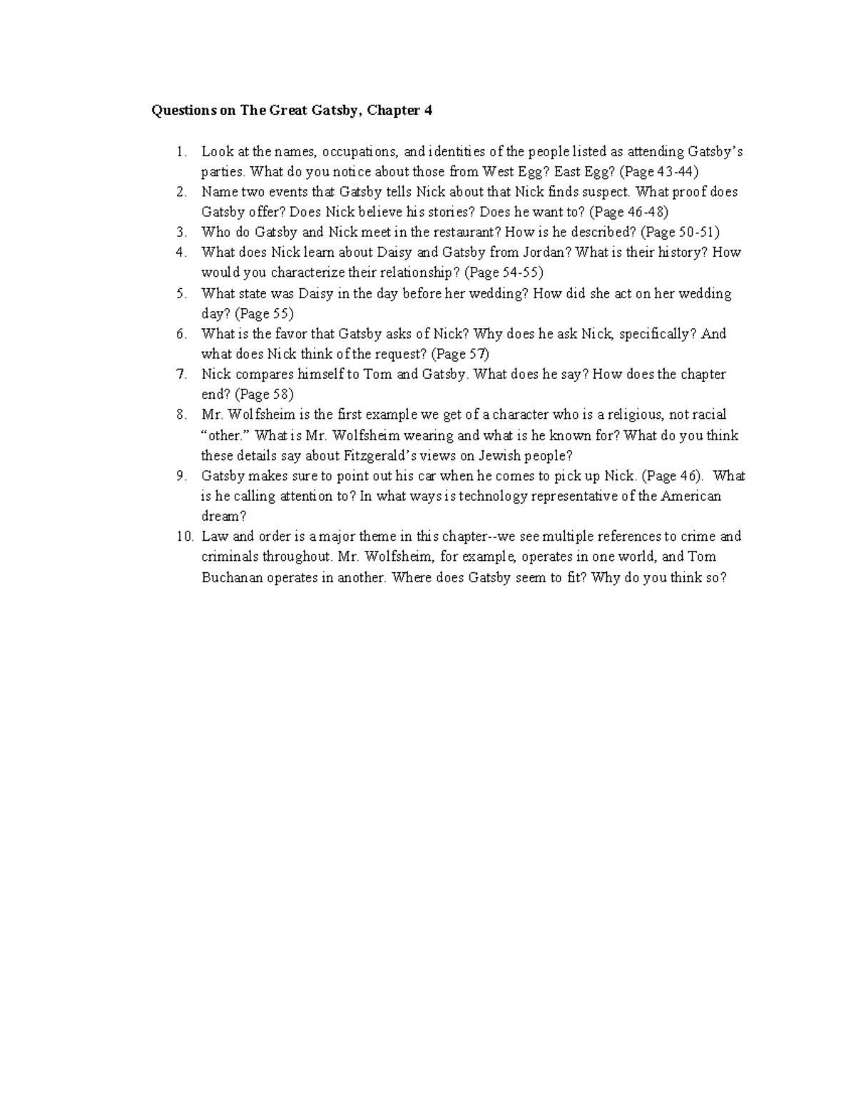 The Great Gatsby Chapter 4 Questions - Questions on The Great Gatsby ...