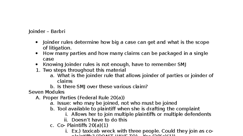 Joinder Rules and SMJ: Comprehensive Study Notes for Law 101 - Studocu