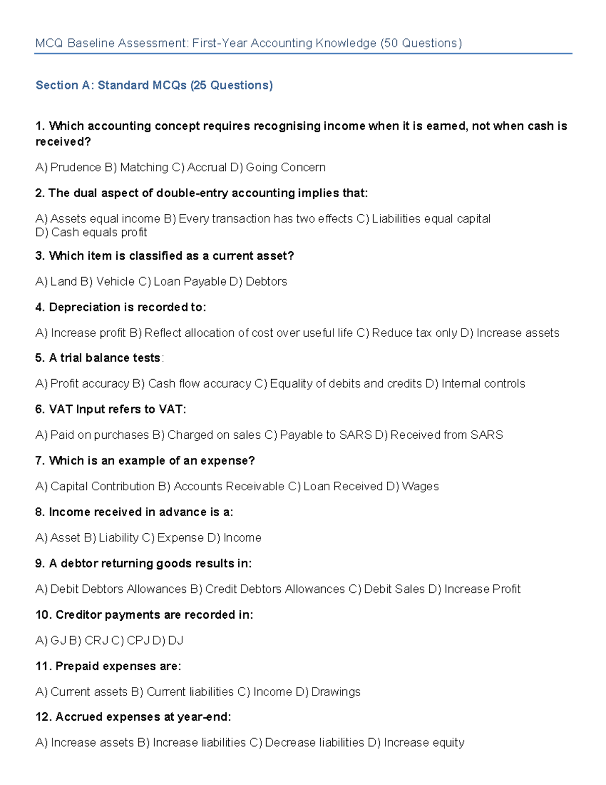 MCQ Baseline Assessment: Accounting Knowledge (50 Questions) - Studocu
