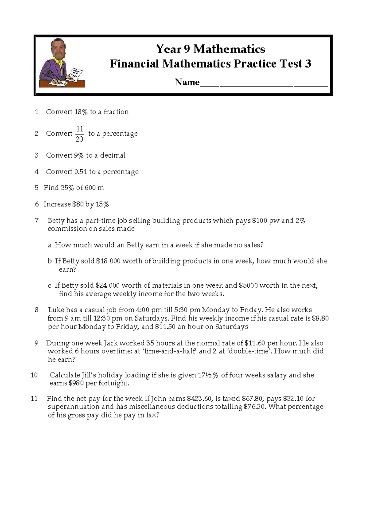 Year 9 Financial Mathematics Practice Worksheet (Test 3) - Studocu