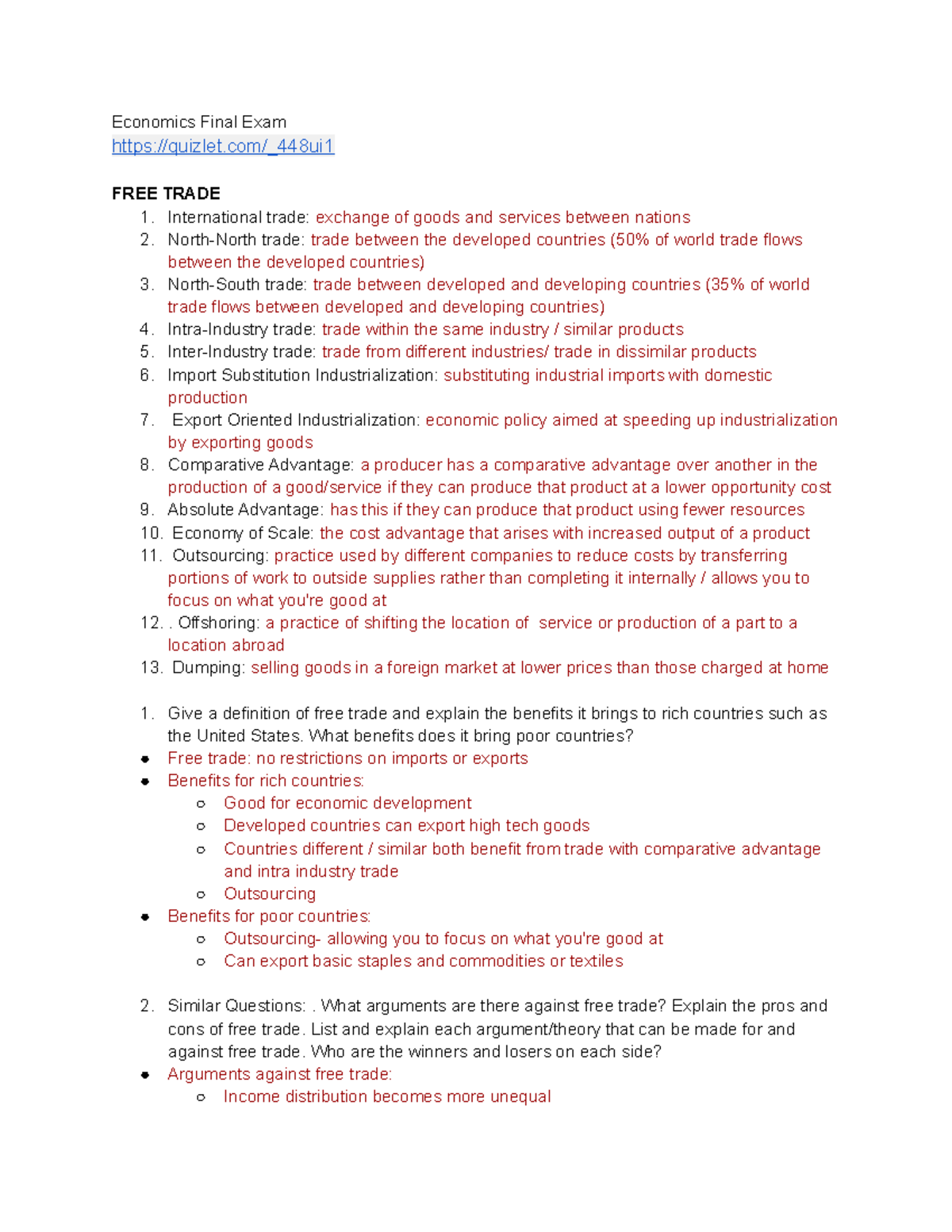 Economics ECN101: Final Exam Study Guide on Free Trade & Protectionism ...