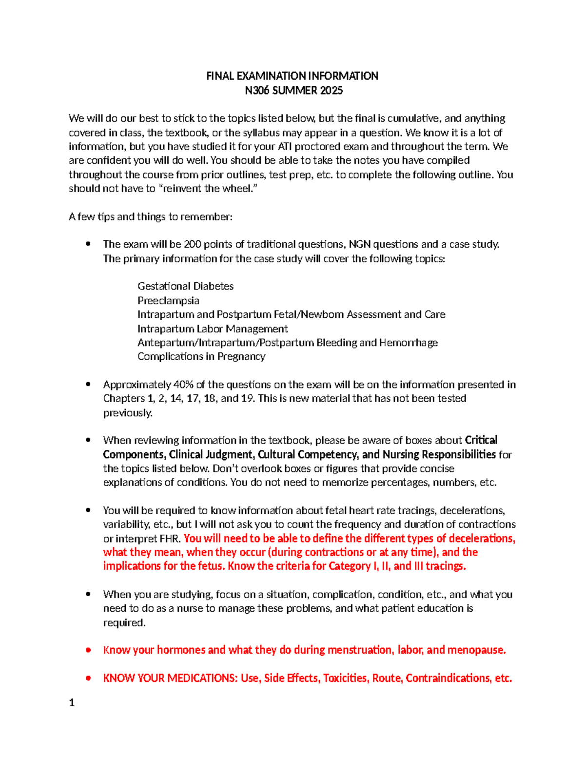 FINAL EXAM OUTLINE N306 SUMMER 2025: Key Topics & Tips - Studocu