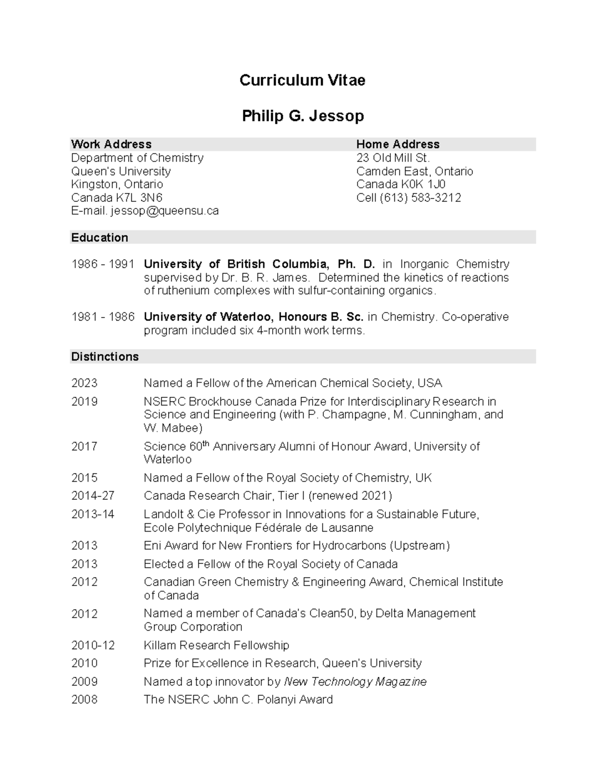 Philip G. Jessop - Curriculum Vitae and Professional Achievements - Studocu