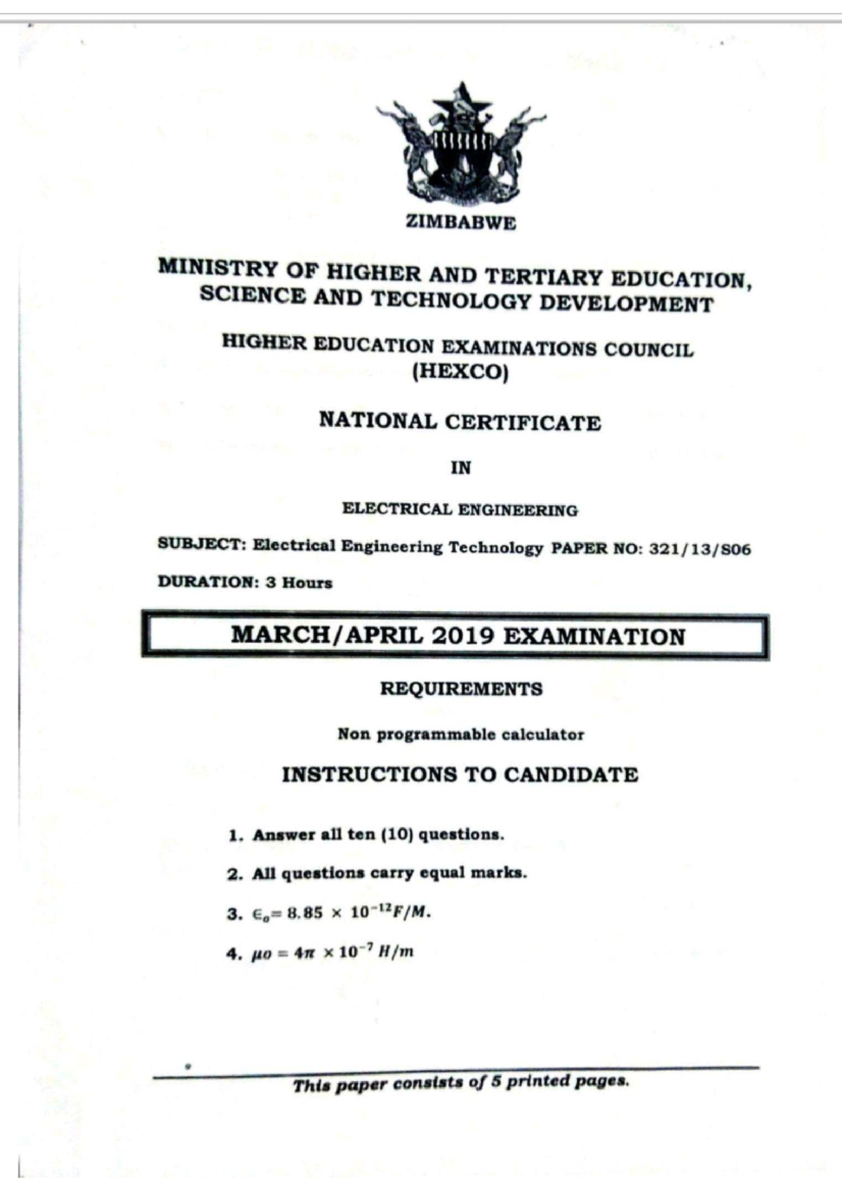 Electrical Engineering Technology Exam Paper 2019 - National ...