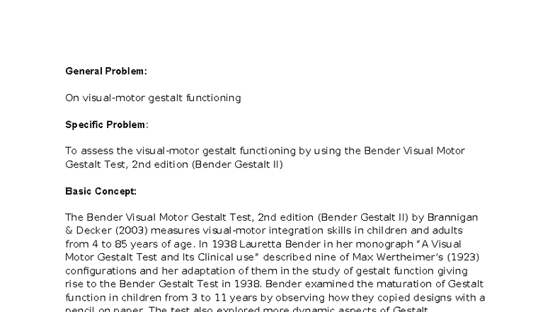 BGT: Assessment of Gestalt Functioning Using Bender Gestalt II - Studocu