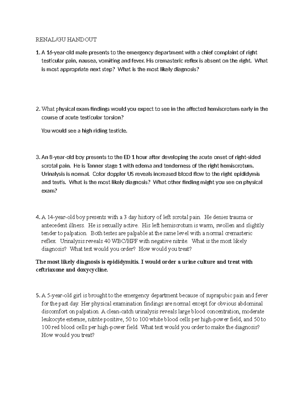 Renal GU Handout 2: Key Clinical Cases and Management Strategies - Studocu