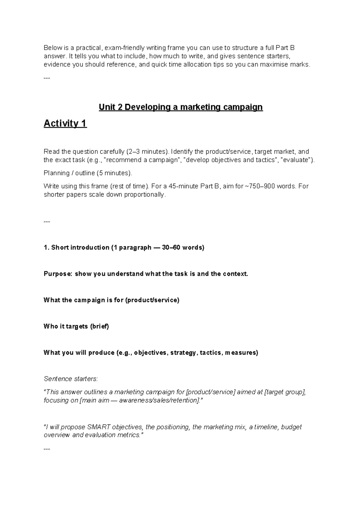 Writing Frame for Unit 2: Developing a Marketing Campaign - Studocu
