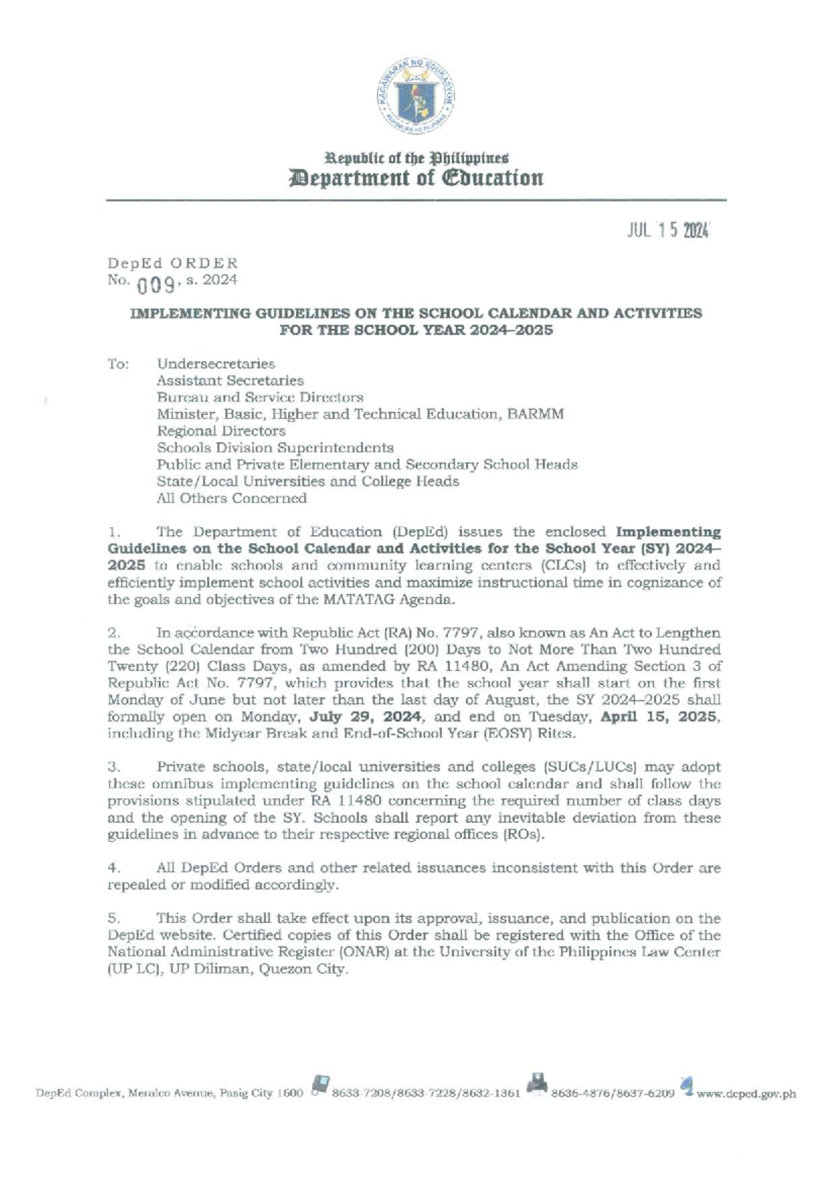 Implementing guidelines on the school calendar and activities for SY ...