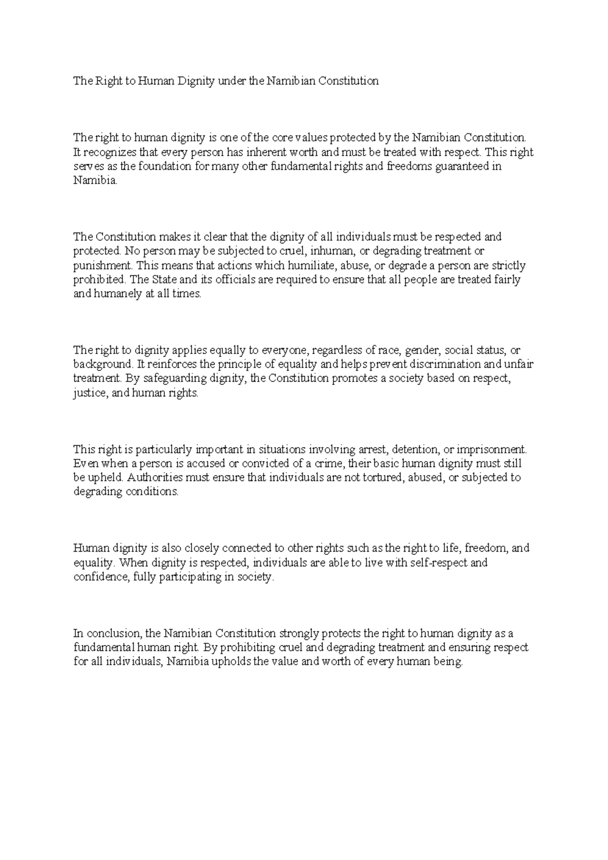Human Dignity Rights in Namibia's Constitution: A Study - Studocu
