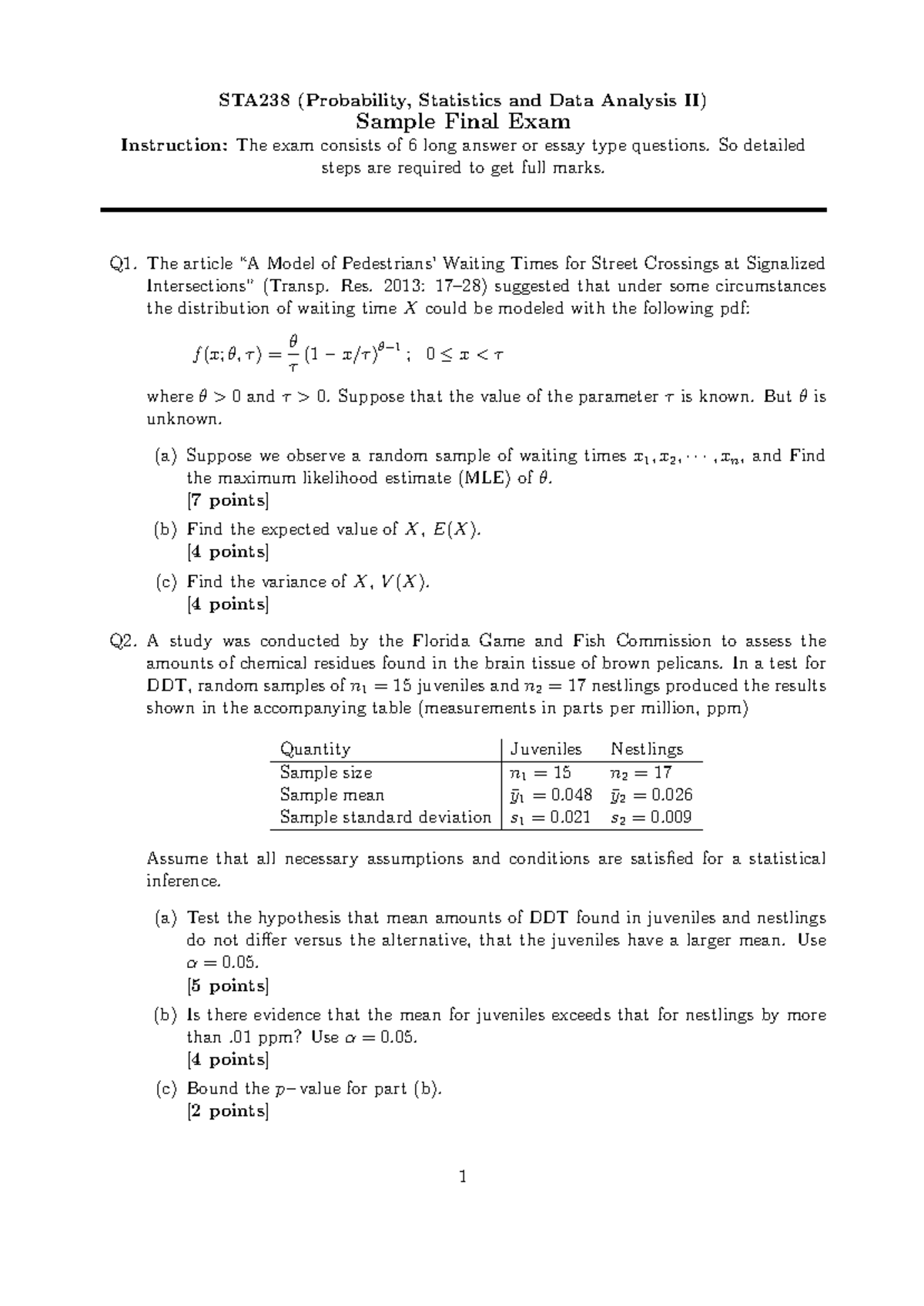 Sample Final Exam Review for STA 238: Probability & Statistics II - Studocu