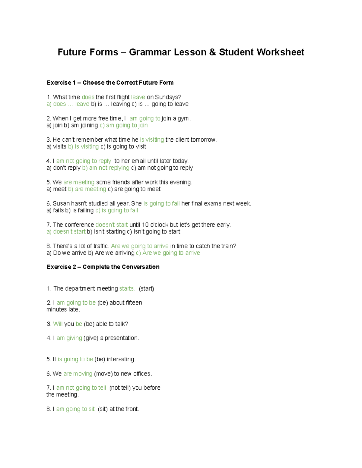 Future Forms Grammar Lesson Worksheet (Exercise 1 & 2) - Studocu