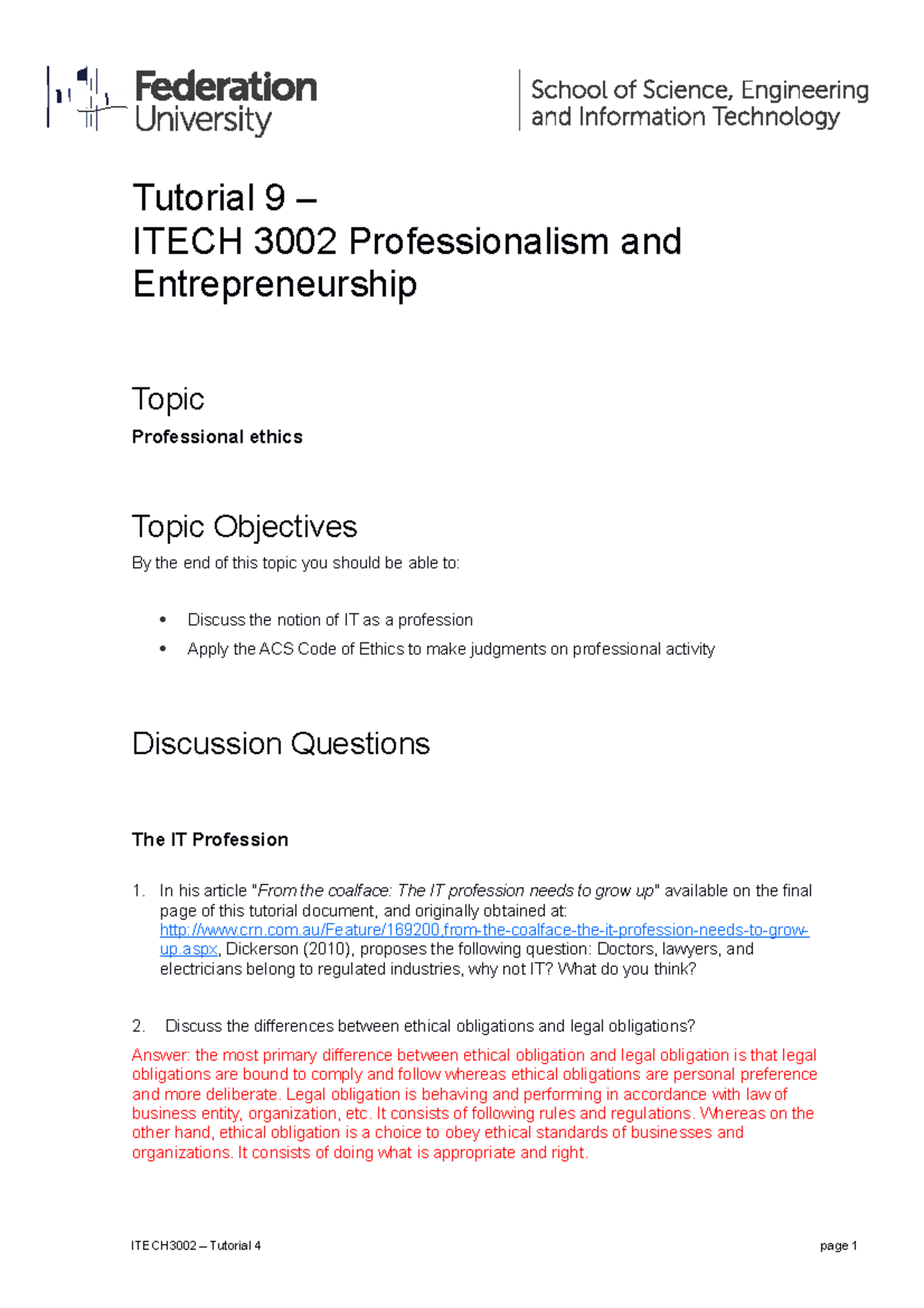 ITECH 3002 - Tutorial 09: Professionalism & Ethics in IT - Studocu