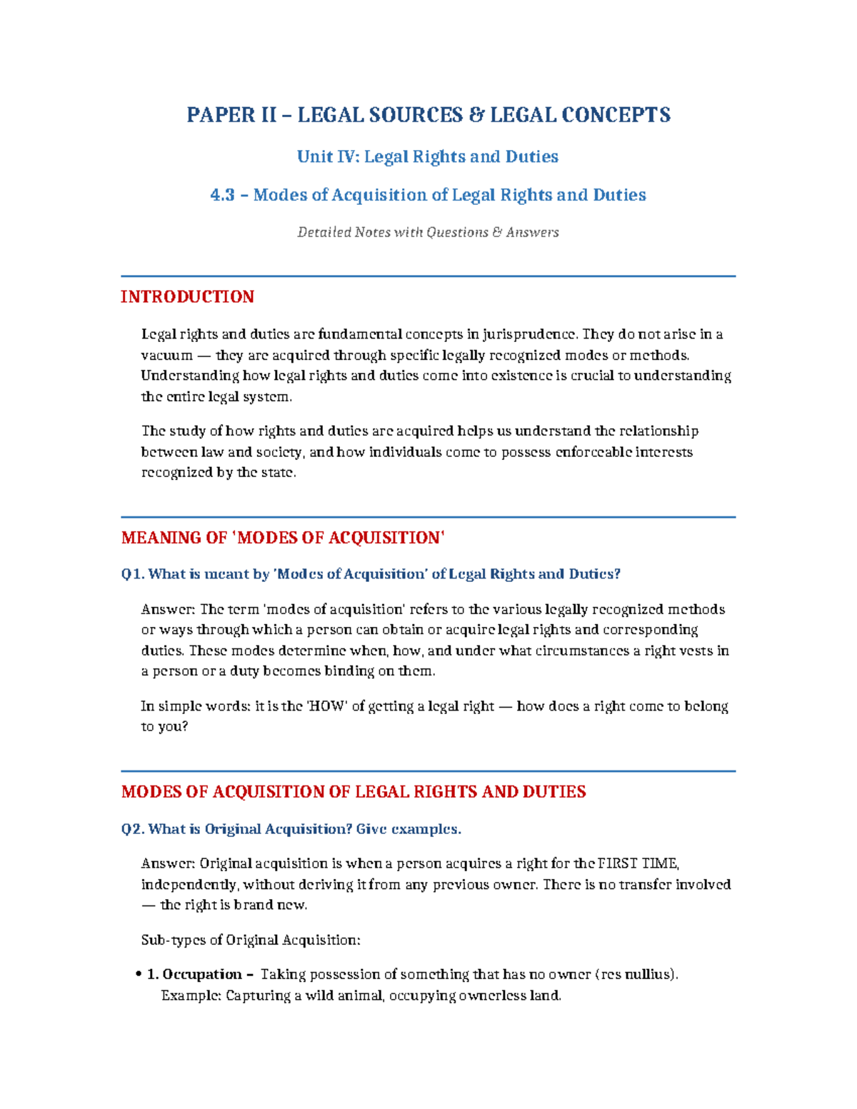 PAPER II LEGAL SOURCES: Unit IV - Modes of Acquisition of Legal Rights ...