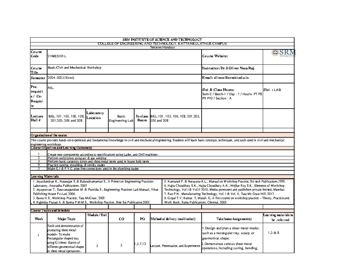 21MES101L Course Handout: Civil & Mechanical Workshop Essentials - Studocu