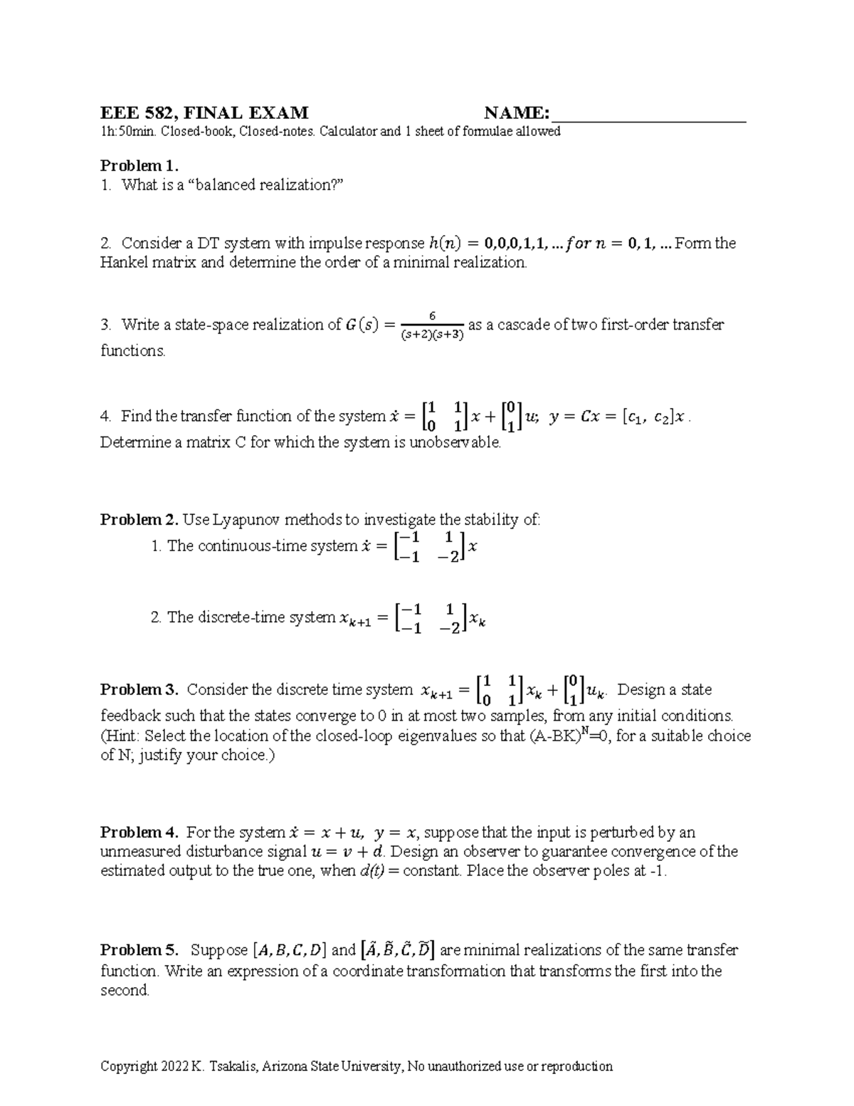 EEE 582 Final Exam Study Guide: Key Concepts and Problems - Studocu