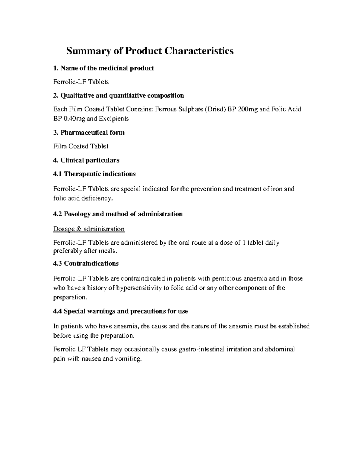 Ferrolic-LF Tablets: Summary of Product Characteristics (200mg Fe, 0 ...