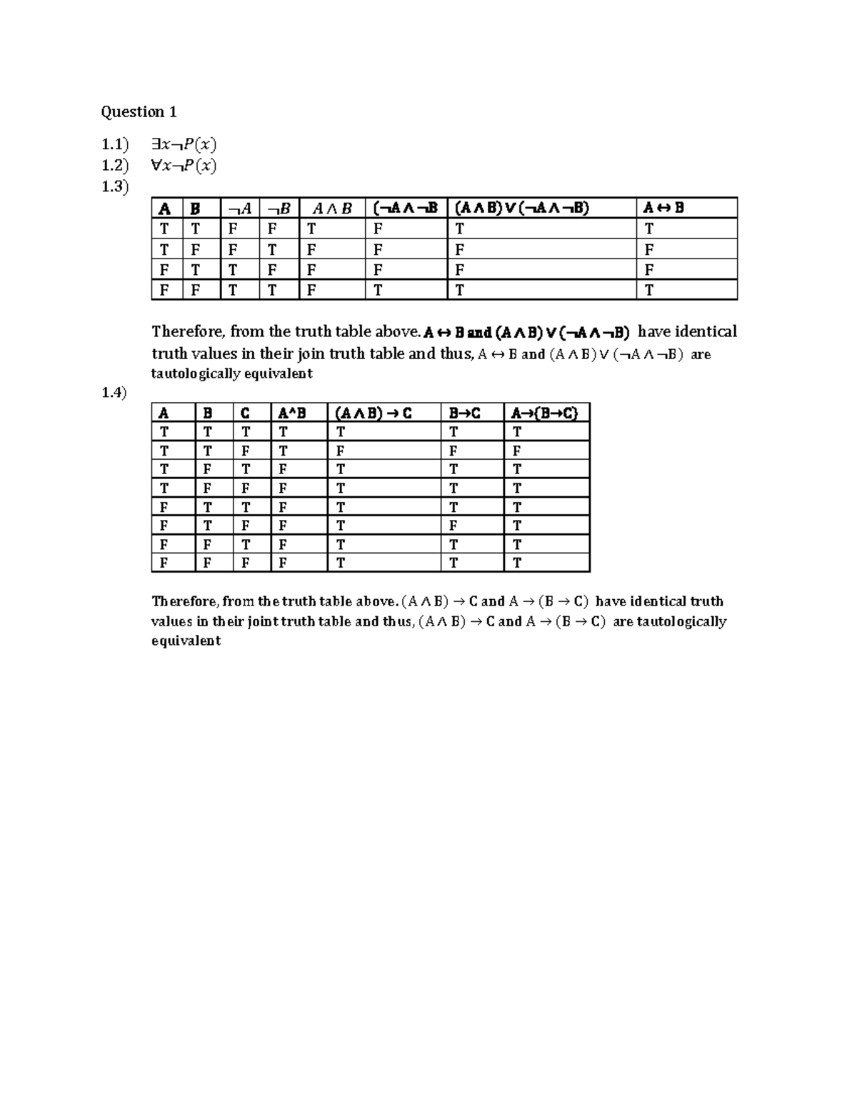 Assignment 1 Solutions: Truth Tables and Tautological Equivalences - Studocu